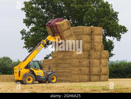 Man using a telehandler to load bales of straw onto a tractor trailer ...