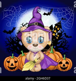 Cartoon bear with a potion and a broom in a purple witch hat and cloak ...