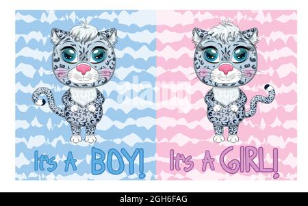 Cartoon snow leopard couple with expressive eyes among flowers, hearts ...