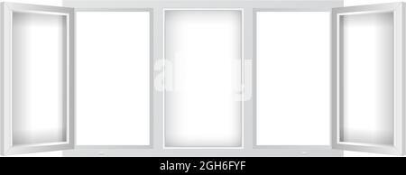 Realistic triple plastic window with open blind. White roller shutter ...