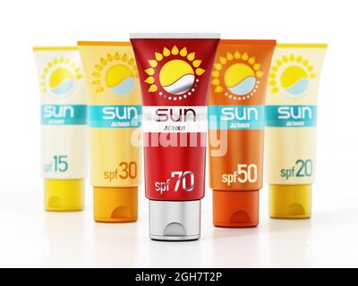 Collection of sun screen tubes with various protection levels. 3D ...