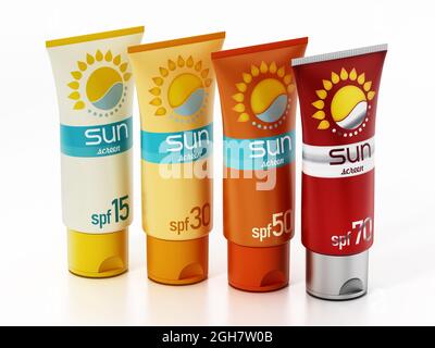 Collection of sun screen tubes with various protection levels. 3D ...