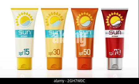 Collection of sun screen tubes with various protection levels. 3D ...