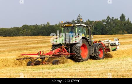 Tractor in a field raking straw with a rotary hay rake in preparation ...