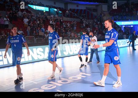 TBV players Frederik Simak (TBV Lemgo Lippe, #8) and Bobby Schagen (TBV ...