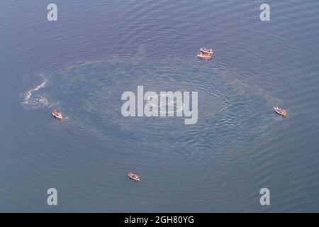 Aerial shot of the Grafham Water Reservoir in England during daylight ...
