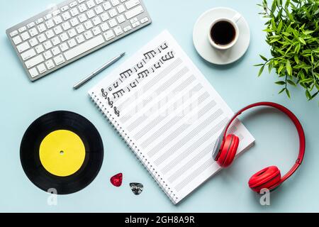Music education with music sheets and headphones, top view Stock Photo ...