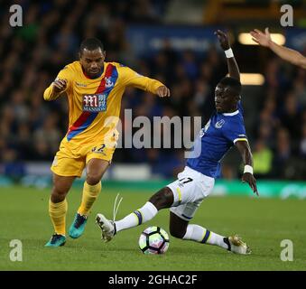 Jason Puncheon of Crystal Palace tackled by Gana Geye of Everton during ...