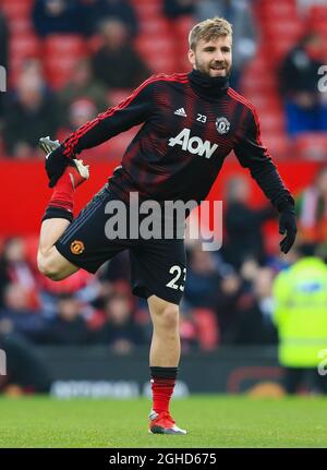 Manchester United's Luke Shaw warms up before the Premier League match ...