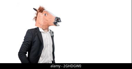 Hardworking man in horse head talk on mobile phone isolated on white ...