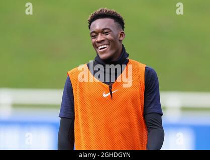 Callum Hudson-Odoi smiles during the England senior squad training ...