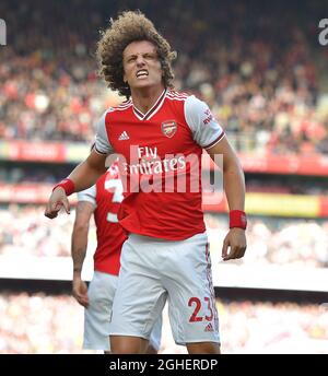 David Luiz of Arsenal celebrates scoring his goal to make it 1-0 during ...