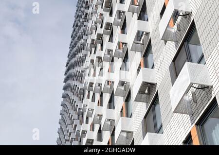 Outdoor units of split air conditioning systems are installed on a ...