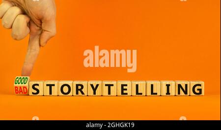 Good or bad storytelling symbol. Businessman turns wooden cubes ...