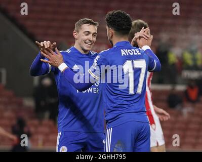 Timothy Castagne of Leicester City celebrates with scorer Ayoze Perez ...