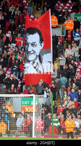 General view of a banner of Liverpool manager Jurgen Klopp in the ...