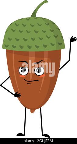 Oak leaf character with emotions of a hero, a brave face, arms and legs ...