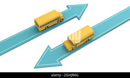 school buses on arrows of different directions isolated on white. 3d ...