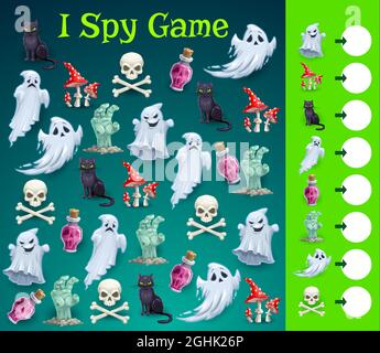 I spy educational game for kids with monster mouths, vector puzzle ...