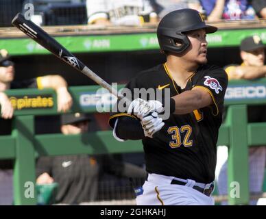 Pittsburgh Pirates' Yoshi Tsutsugo hits a ground ball for an out in the ...