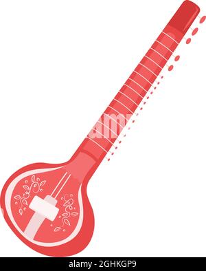 Indian sitar musical instrument color sketch icon. Vector isolated vina ...
