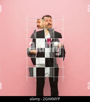 Collage of young man over isolated background showing and pointing up ...