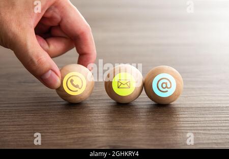 Wood sphere symbol telephone, mail, address and mobile phone. Website ...