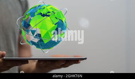 A 3D rendered futuristic globe hovering over a man's hand Stock Photo ...