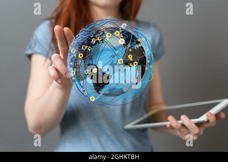 A 3D rendered futuristic globe hovering over a man's hand Stock Photo ...