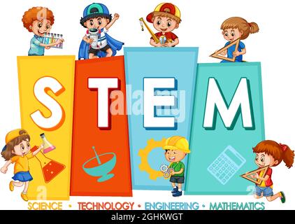 STEM logo with many children and learning icons illustration Stock ...