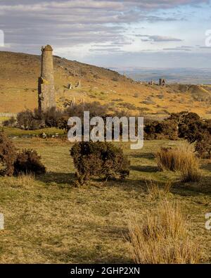 Caradon Hill and ruins of old copper mine with wild ponies, Bodmin Moor ...