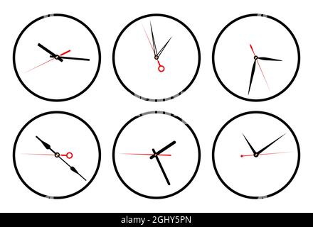 Clock hands, time black pointers, isolated watch arrows. Vector black icons of essential ...