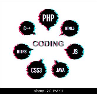 Programmer screen glitch or software development error background. Program code critical bug ...