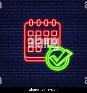 Calendar with checkmark or tick. Neon icon. Approved or schedule date ...