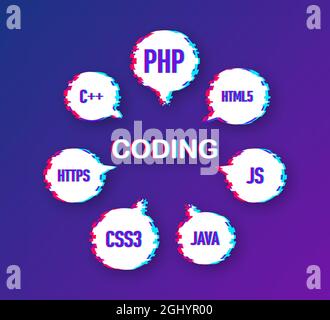 Programming, web development concept. Glitch icon. Code on the screen laptop. Vector ...
