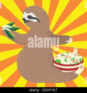 Cute cartoon sloth with a bowl of ramen illustration Stock Vector Image ...