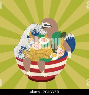 Cute cartoon sloth with a bowl of ramen illustration Stock Vector Image ...