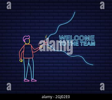 Neon Icon. Welcome to the team megaphone blue banner in 3D style on white background. Vector ...