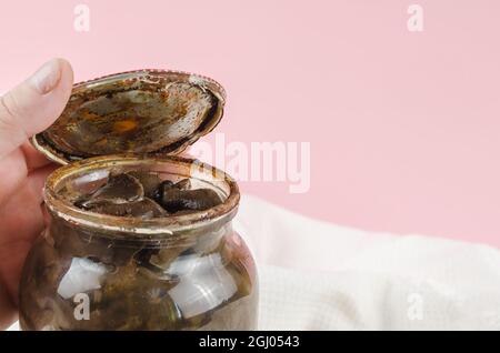 Botulism, food poisoning from canned foods concept. Glass jar wi Stock ...