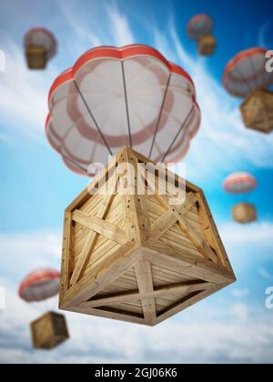 Wooden crate in the sky being delivered with parachutes. 3D ...