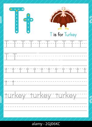 Turkey Animal Tracing Letter ABC Coloring Page T Stock Vector Image ...