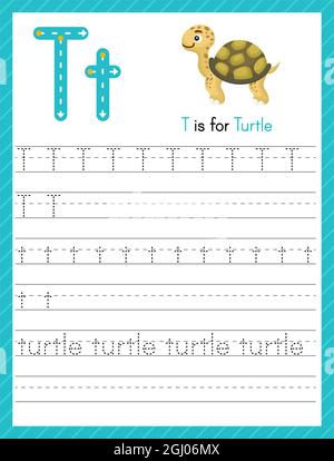 Turtle Animal Tracing Letter ABC Coloring Page T Stock Vector Image ...