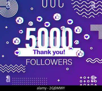Thank you 5000 followers numbers. Glitch style banner. Congratulating multicolored thanks image ...