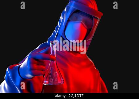 Scientist in mask, glasses and protective suit holding flask with virus ...