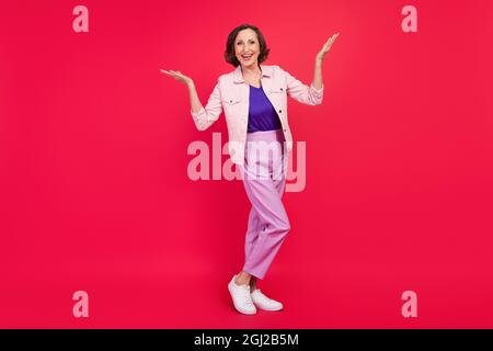 Photo of positive cheerful lady raise opened hands palms enjoy new ...