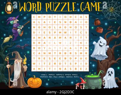Halloween word puzzle worksheet with cartoon wizard, witch, mummy and ...