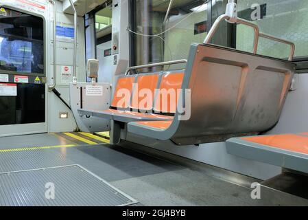 Interior of a Bay Area Rapid Transit (BART) train with colorful seating ...