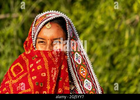 Ahir woman in traditional colorful cloth, Great Rann of Kutch desert ...