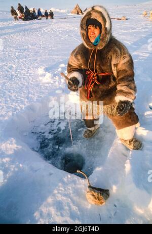 Visitor dressed in traditional caribou skin clothing sits on caribou ...