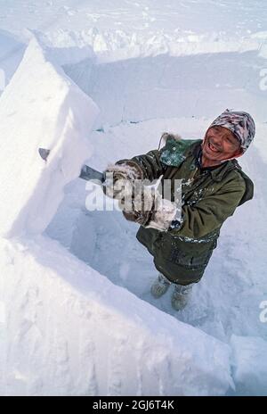 Inuit elder man, dressed in modern arctic clothing, builds igloo by ...
